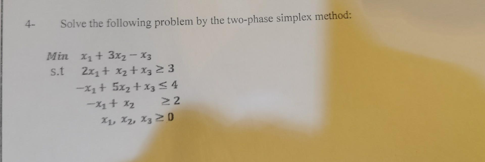 Solved Solve the following problem by the two-phase simplex | Chegg.com