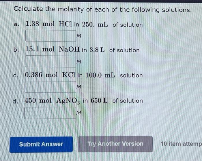 Solved Calculate the molarity of each of the following | Chegg.com