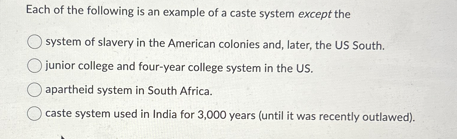 Solved Each of the following is an example of a caste system | Chegg.com