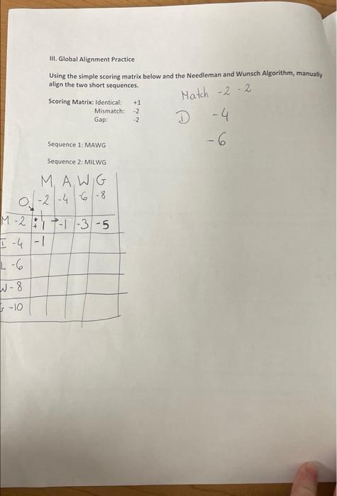 Solved III. Global Alignment Practice Using the simple | Chegg.com