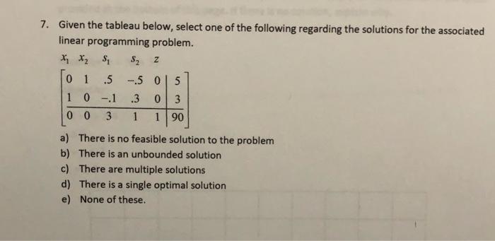 Solved 7. Given the tableau below, select one of the | Chegg.com