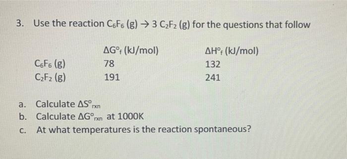Solved 3. Use the reaction C6F6 (g) → 3 C₂F2 (g) for the | Chegg.com