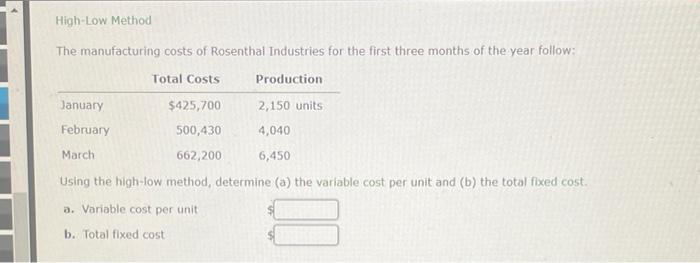 Solved The manufacturing costs of Rosenthal Industries for | Chegg.com