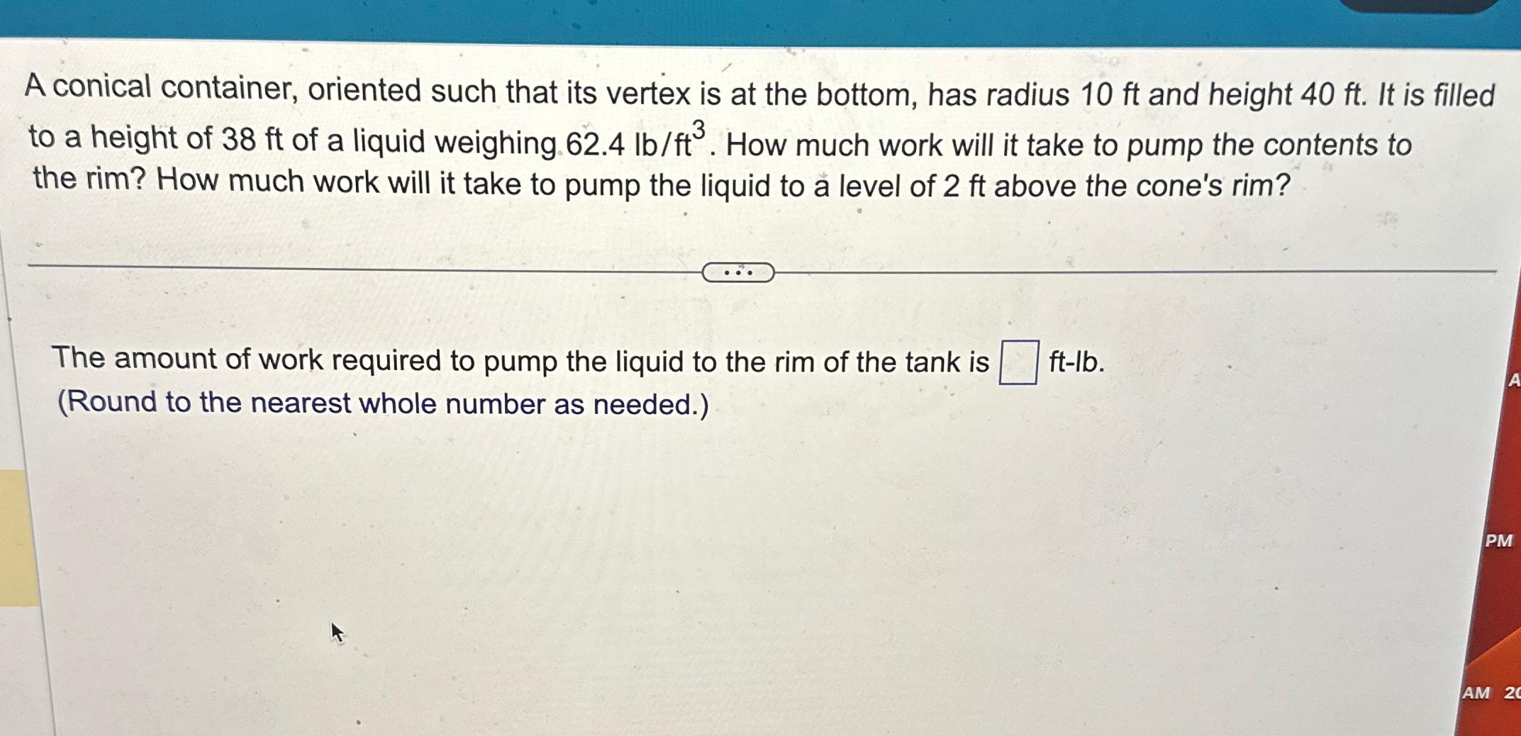 Solved A conical container, oriented such that its vertex is | Chegg.com