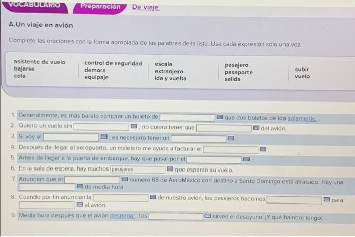 VOCABULARIO Preparacion De viaje A.Un viaje en avión | Chegg.com