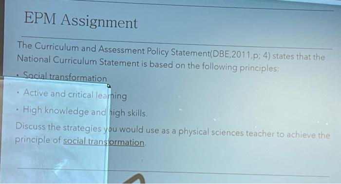 Solved EPM Assignment The Curriculum and Assessment Policy | Chegg.com