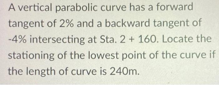 Solved A vertical parabolic curve has a forward tangent of | Chegg.com
