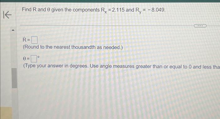 Solved K Find R and 8 given the components Rx = 2.115 and Ry | Chegg.com