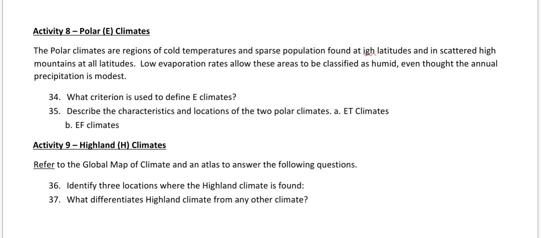 Solved Activity 8 - Polar (E) Climates The Polar climates | Chegg.com