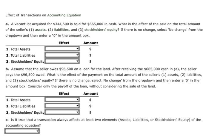 Solved Effect of Transactions on Accounting Equation a. A | Chegg.com