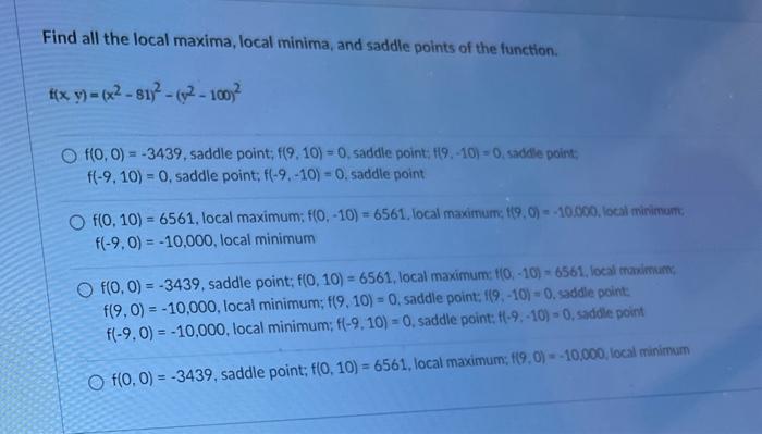 Solved Find all the local maxima, local minima, and saddle | Chegg.com
