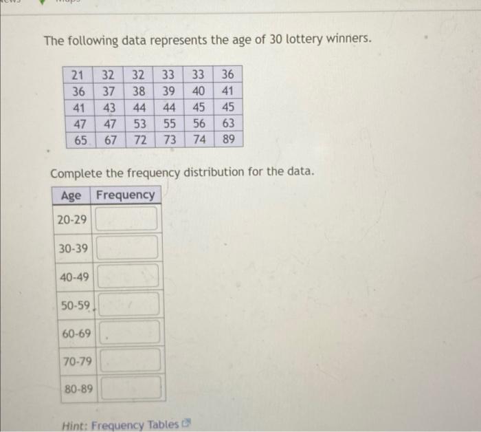 Solved The following data represents the age of 30 lottery | Chegg.com