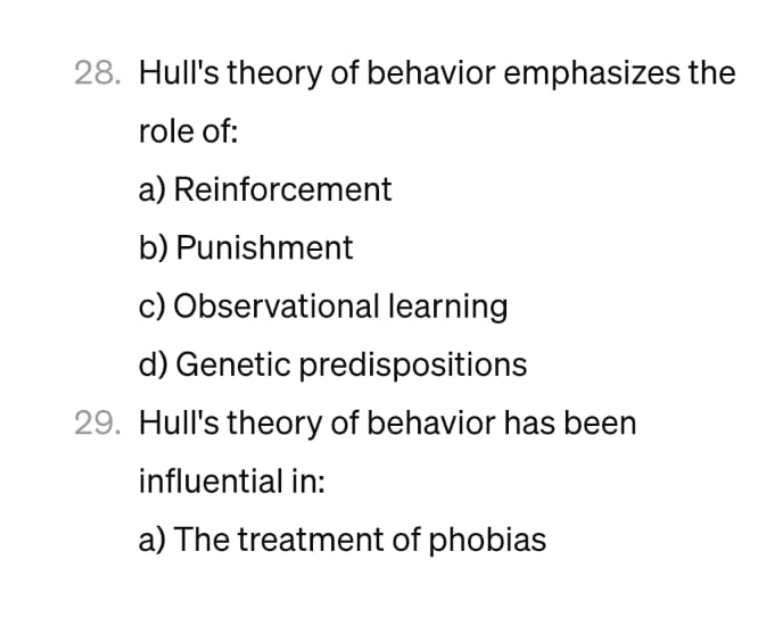 Solved Hull's theory of behavior emphasizes the role of:a) | Chegg.com