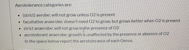 Solved Aerotolerance categories are: . (strict) aerobe: will | Chegg.com