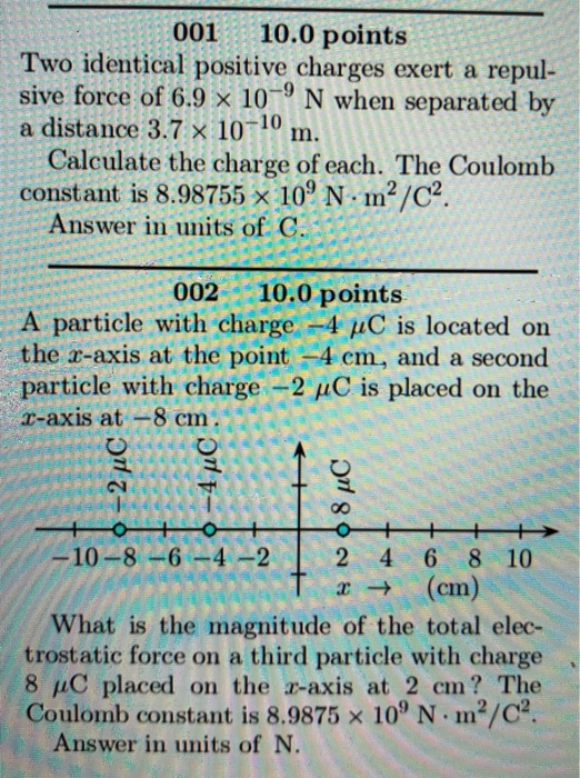Solved 001 10.0 points Two identical positive charges exert | Chegg.com