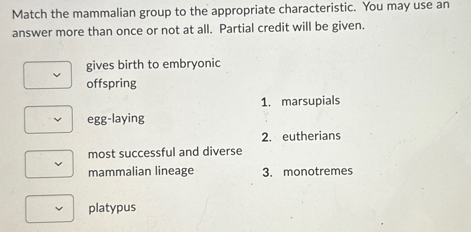 Solved Match the mammalian group to the appropriate | Chegg.com