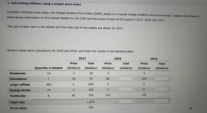 Solved 1. Calculating Inflation using a simple price index | Chegg.com