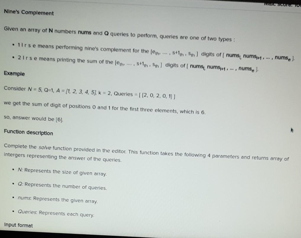 Solved TO SCOICIO Nine's Complement Given an array of N | Chegg.com