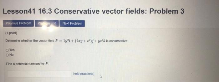 Solved _esson4116.3 Conservative vector fields: Problem 3 | Chegg.com