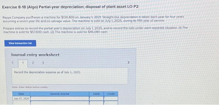 Solved Exercise 8-18 (Algo) Partial-year depreciation; | Chegg.com