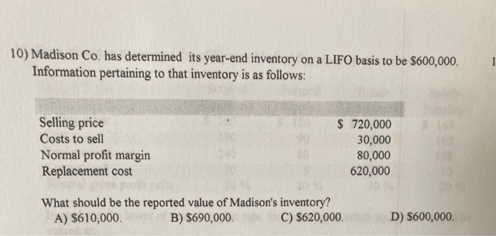 Solved 10) Madison Co. has determined its year-end inventory | Chegg.com