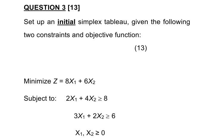 Solved QUESTION 3 [13] Set up an initial simplex tableau, | Chegg.com