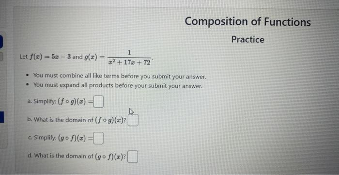 Solved Composition of Functions Practice Let f(x)=5x−3 and | Chegg.com