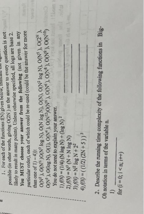 Solved 1. For each of the functions f(N) given below, | Chegg.com