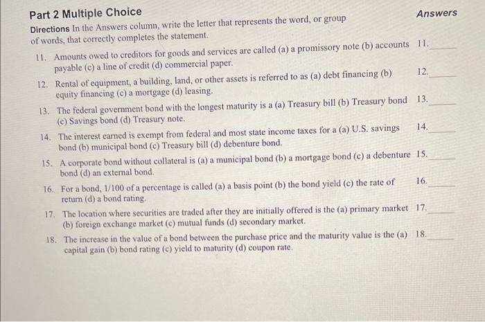 Solved Part 2 Multiple Choice Directions In the Answers | Chegg.com