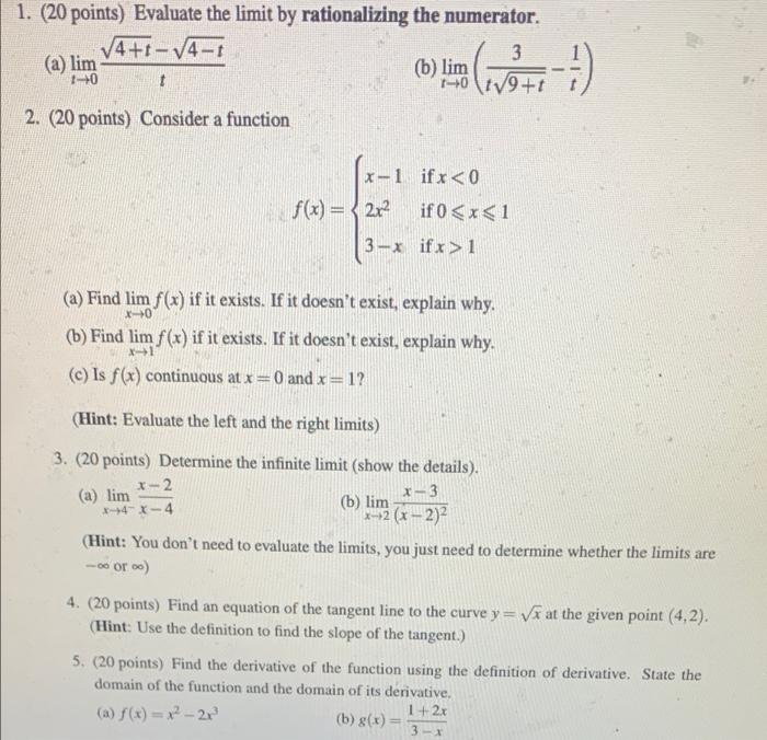 Solved 1. (20 points) Evaluate the limit by rationalizing | Chegg.com