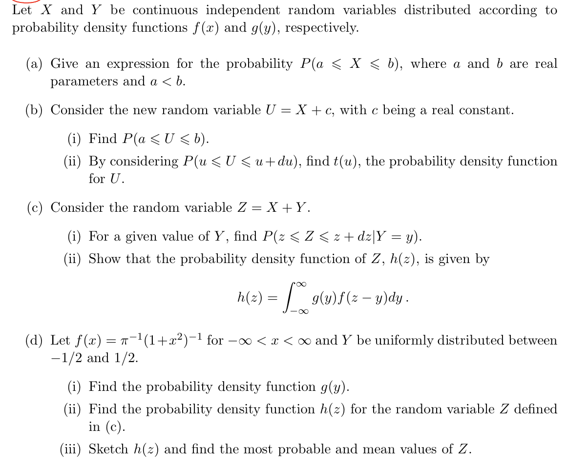 Let x ﻿and Y ﻿be continuous independent random | Chegg.com