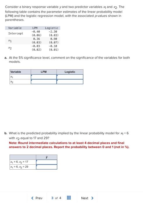 Solved Consider a binary response variable y and a predictor | Chegg.com