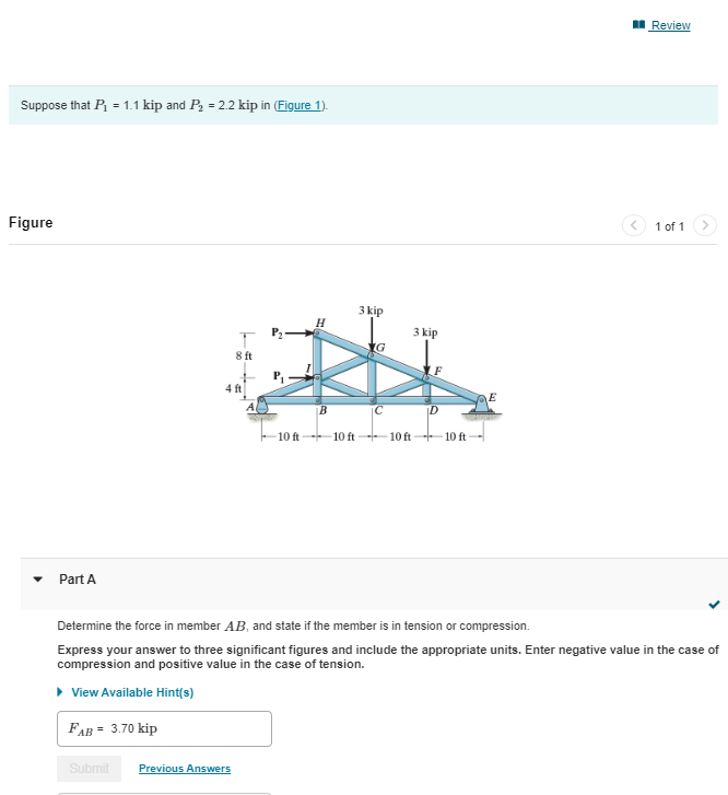 Solved ReviewSuppose that P1=1.1kip and P2=2.2kip in (Figure | Chegg.com