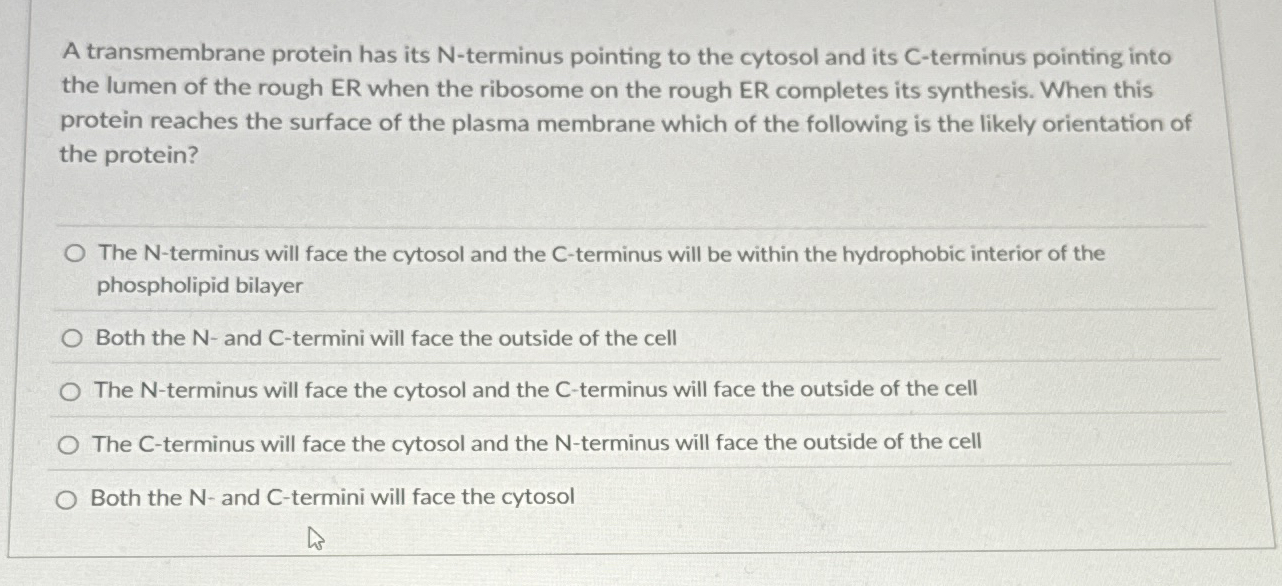 Solved A transmembrane protein has its N -terminus pointing | Chegg.com