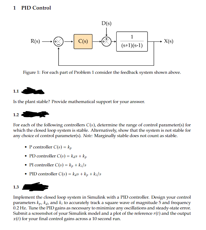 Solved 1 ﻿PID ControlFigure 1: For each part of Problem 1 | Chegg.com