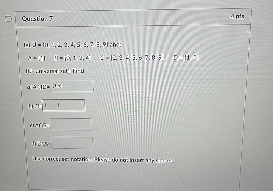 Solved Question 74ptslet U={0,1,2,3,4,5,6,7,8,9} | Chegg.com