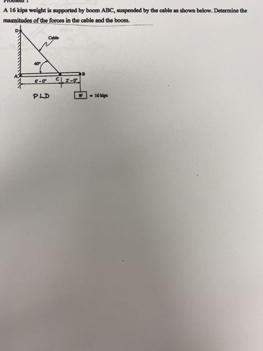 Solved A 16 kips weight is supported by boom ABC, suspended | Chegg.com