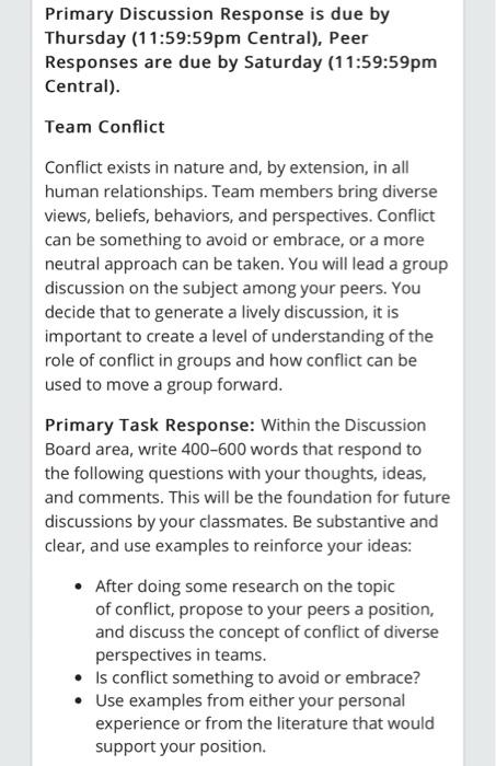 Solved Primary Discussion Response is due by Thursday | Chegg.com