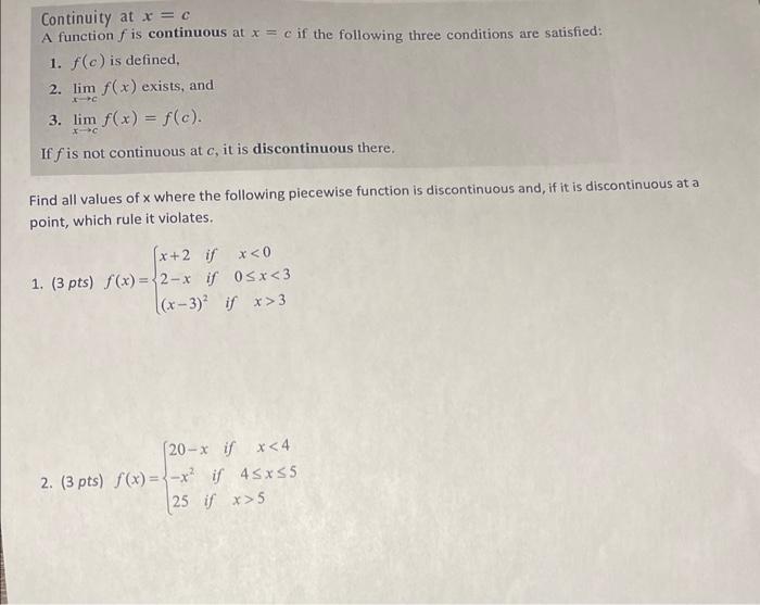 Solved Continuity at x=c A function f is continuous at x=c | Chegg.com
