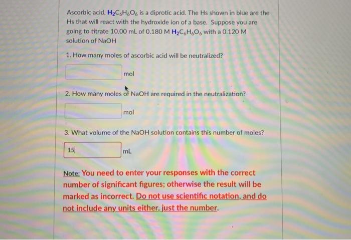 Solved Ascorbic acid, H2CH.O is a diprotic acid. The Hs | Chegg.com