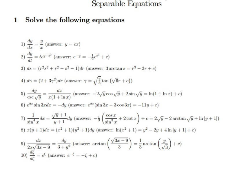 Solved Separable Equations1 ﻿Solve the following | Chegg.com