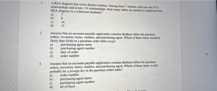 Solved 1. A REA diagram has seven distinct entities. Among | Chegg.com