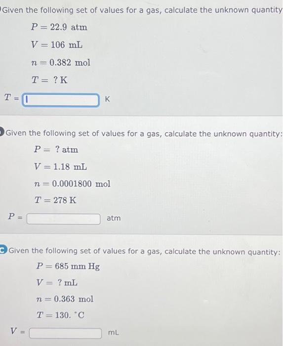 Solved Given the following set of values for a gas, | Chegg.com