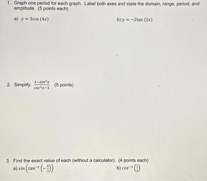 Solved 1. Graph one period for each graph. Label both axes | Chegg.com