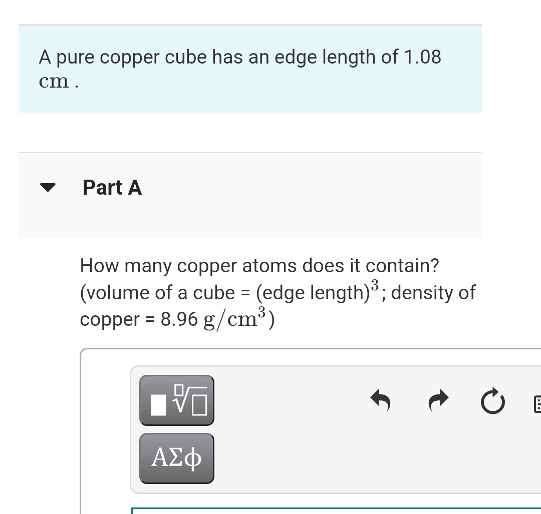 Solved A pure copper cube has an edge length of 1.08 cm.Part | Chegg.com