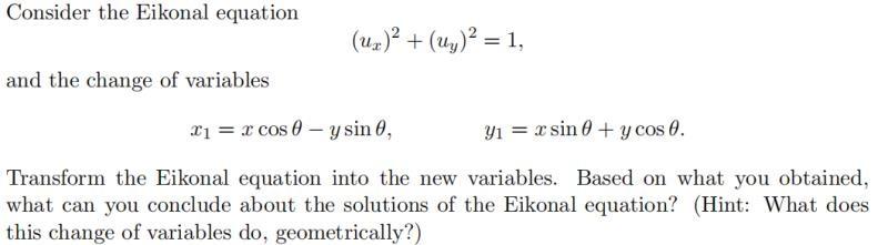 Solved Consider the Eikonal equation (uz)2 + (uy)2 = 1, and | Chegg.com