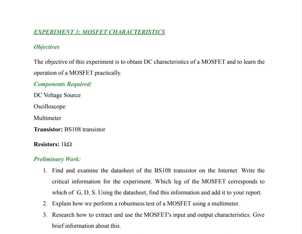 Solved EXPERIMENT 3: MOSFET CHARACTERISTICS Objectives The | Chegg.com