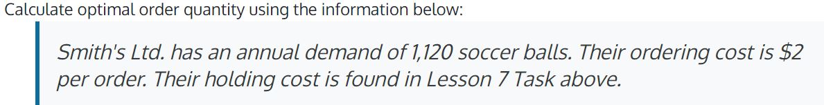 Calculate optimal order quantity using the | Chegg.com
