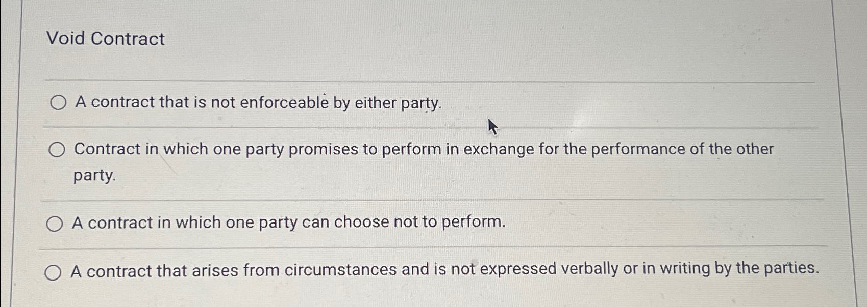 Solved Void ContractA contract that is not enforceable by | Chegg.com