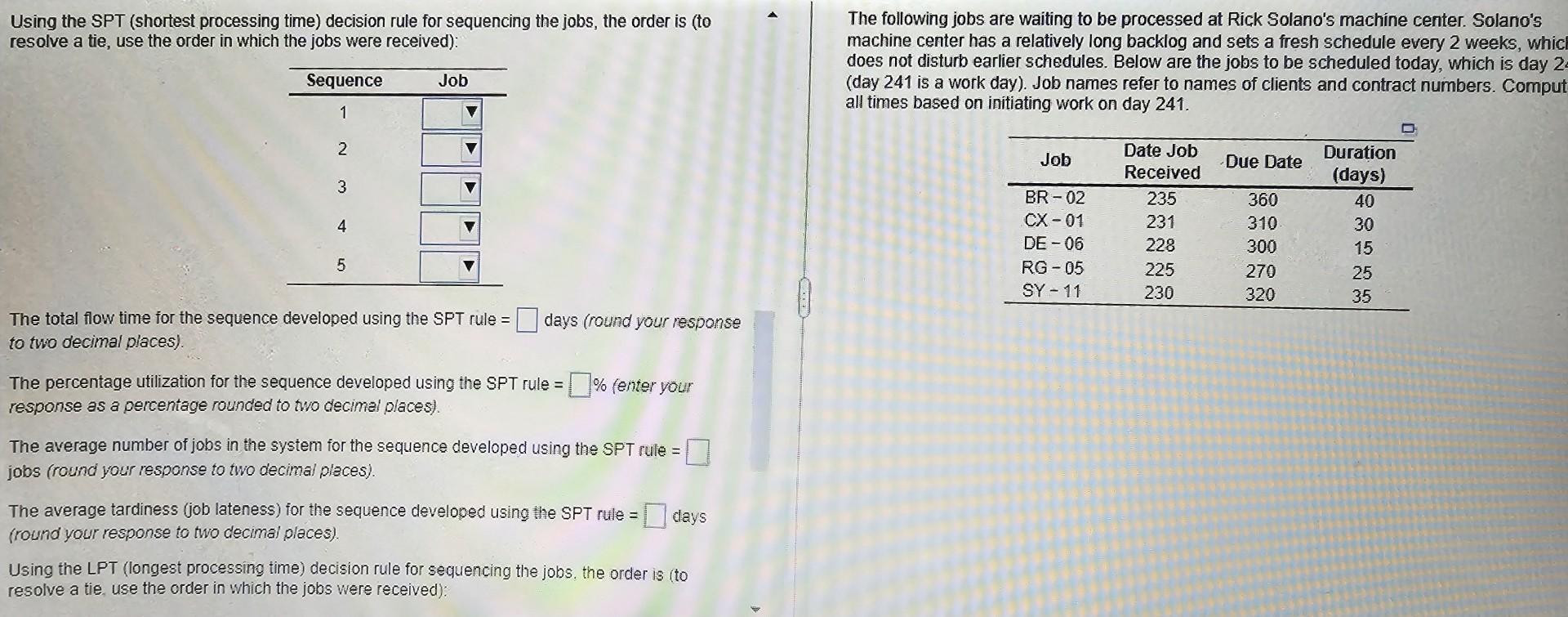 Solved Using the SPT (shortest processing time) decision | Chegg.com